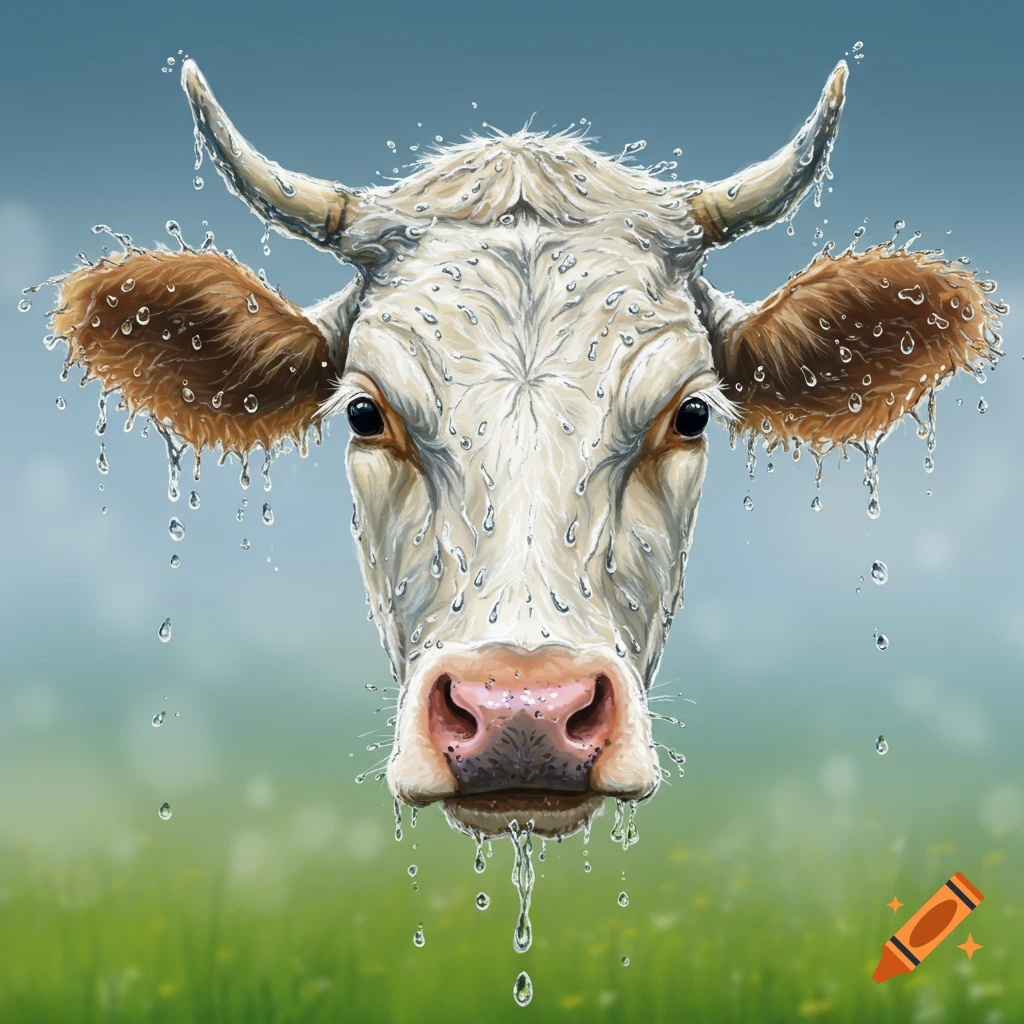 Close up of a cow's face covered in water drops against a blurred field ...
