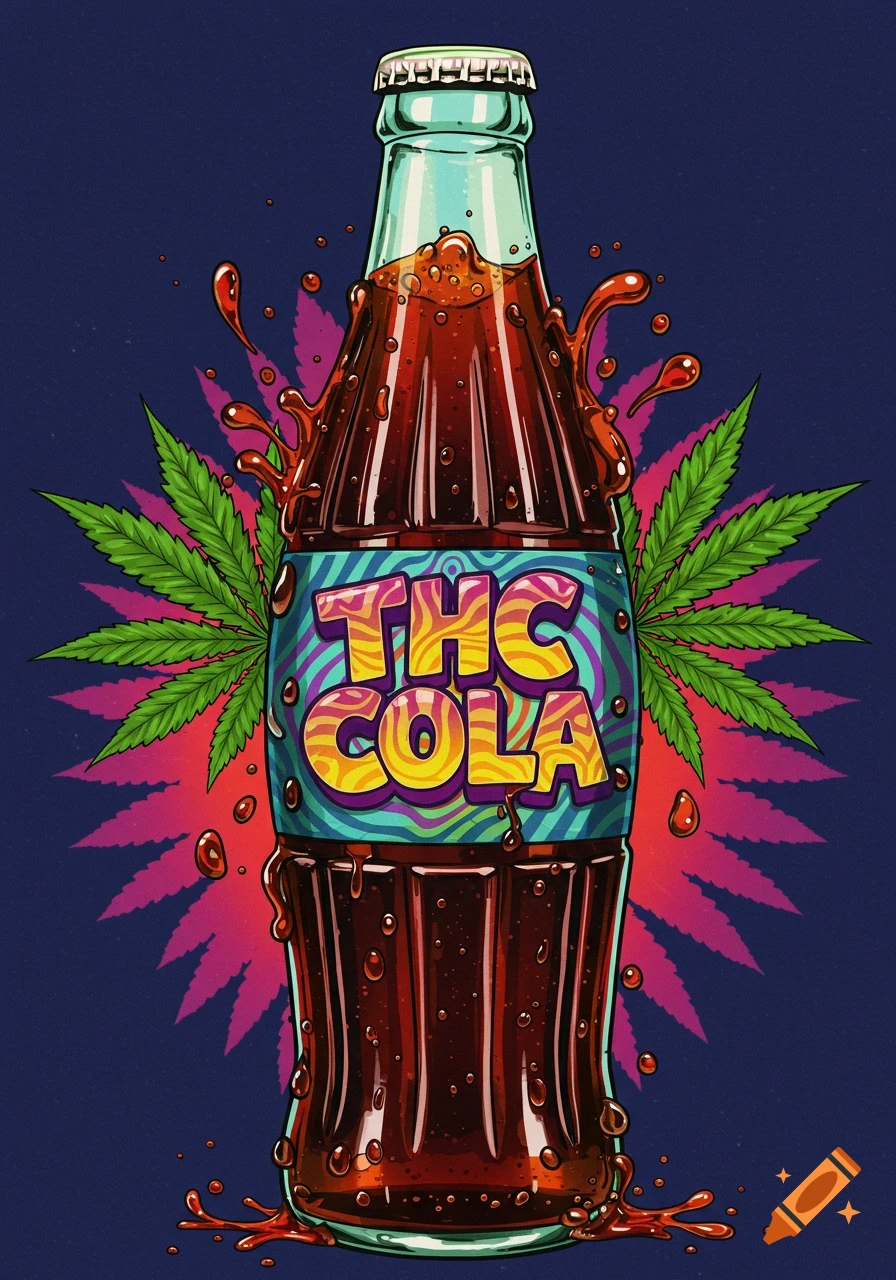 Illustration of a THC Cola bottle with splashes and marijuana leaves on ...