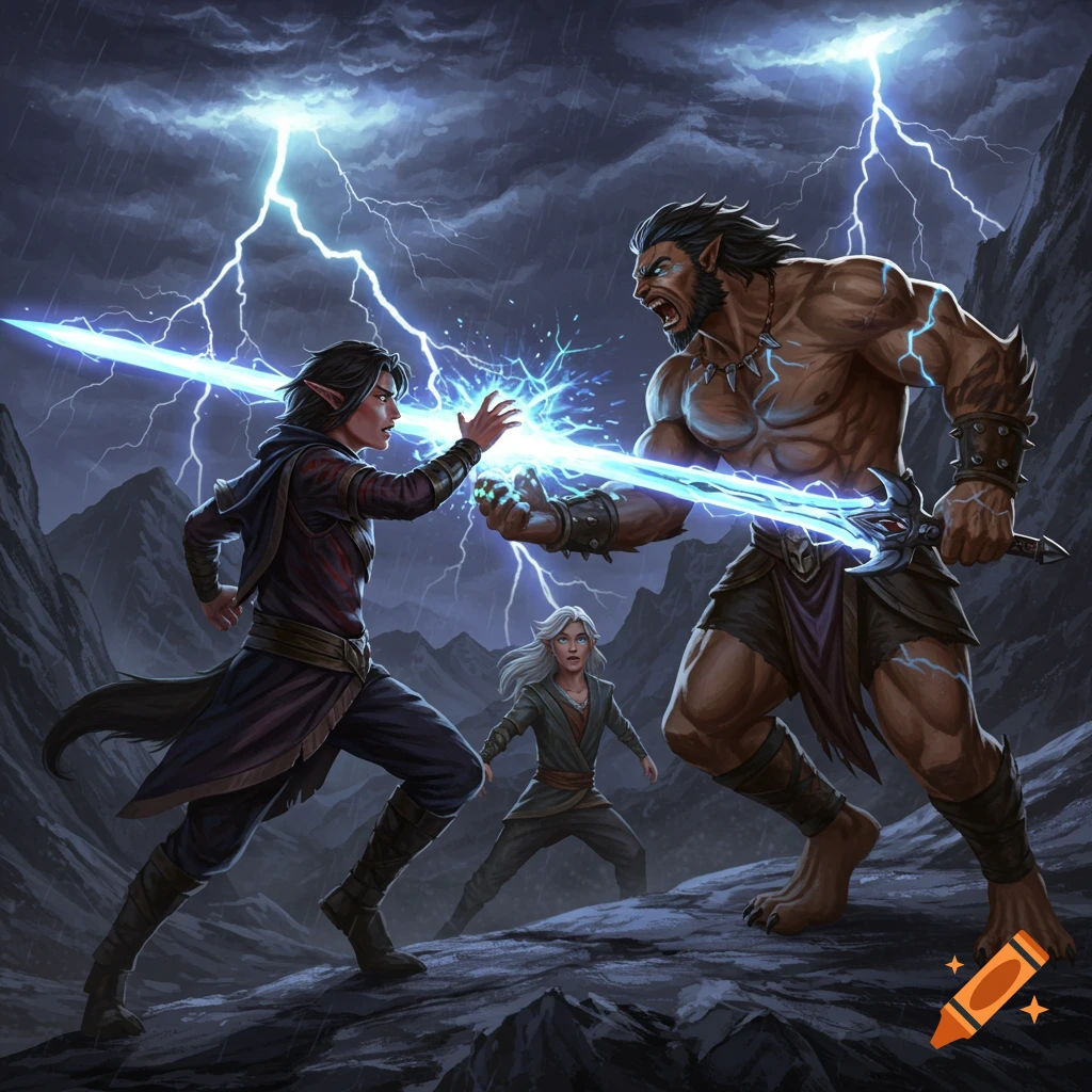 Fantasy illustration of two figures fighting with glowing swords and ...