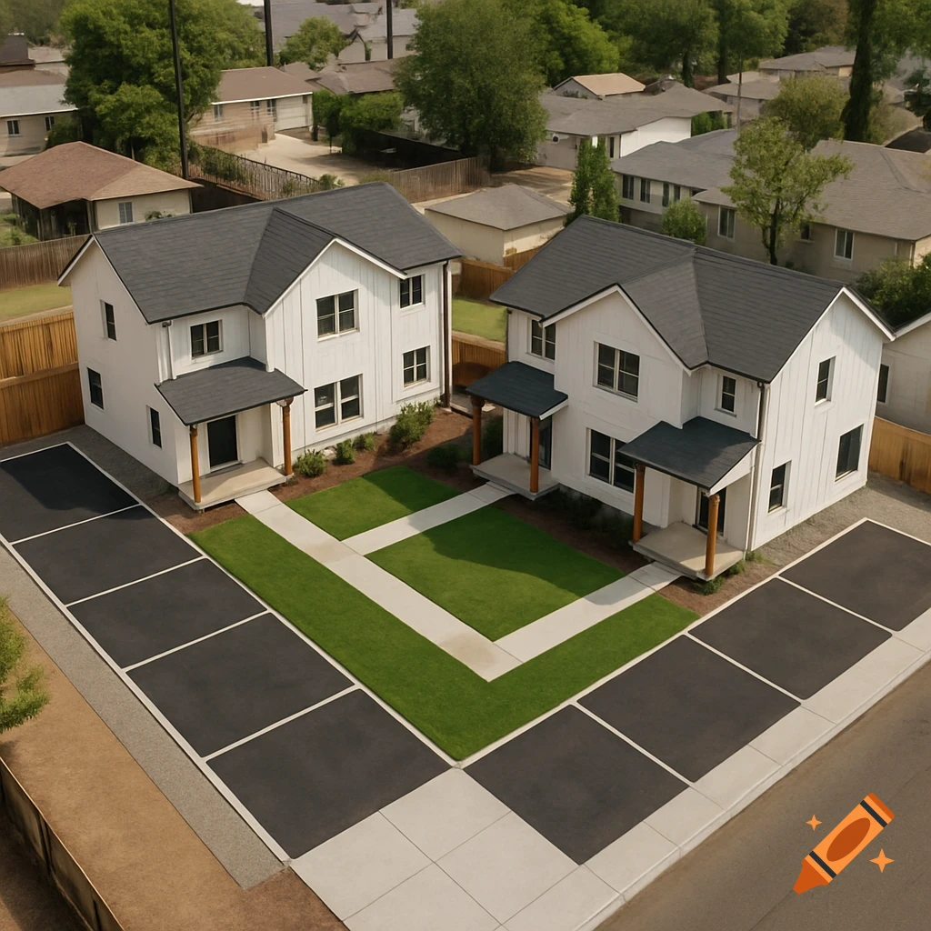 Aerial view of two white duplex houses with dark roofs, green yard, and ...
