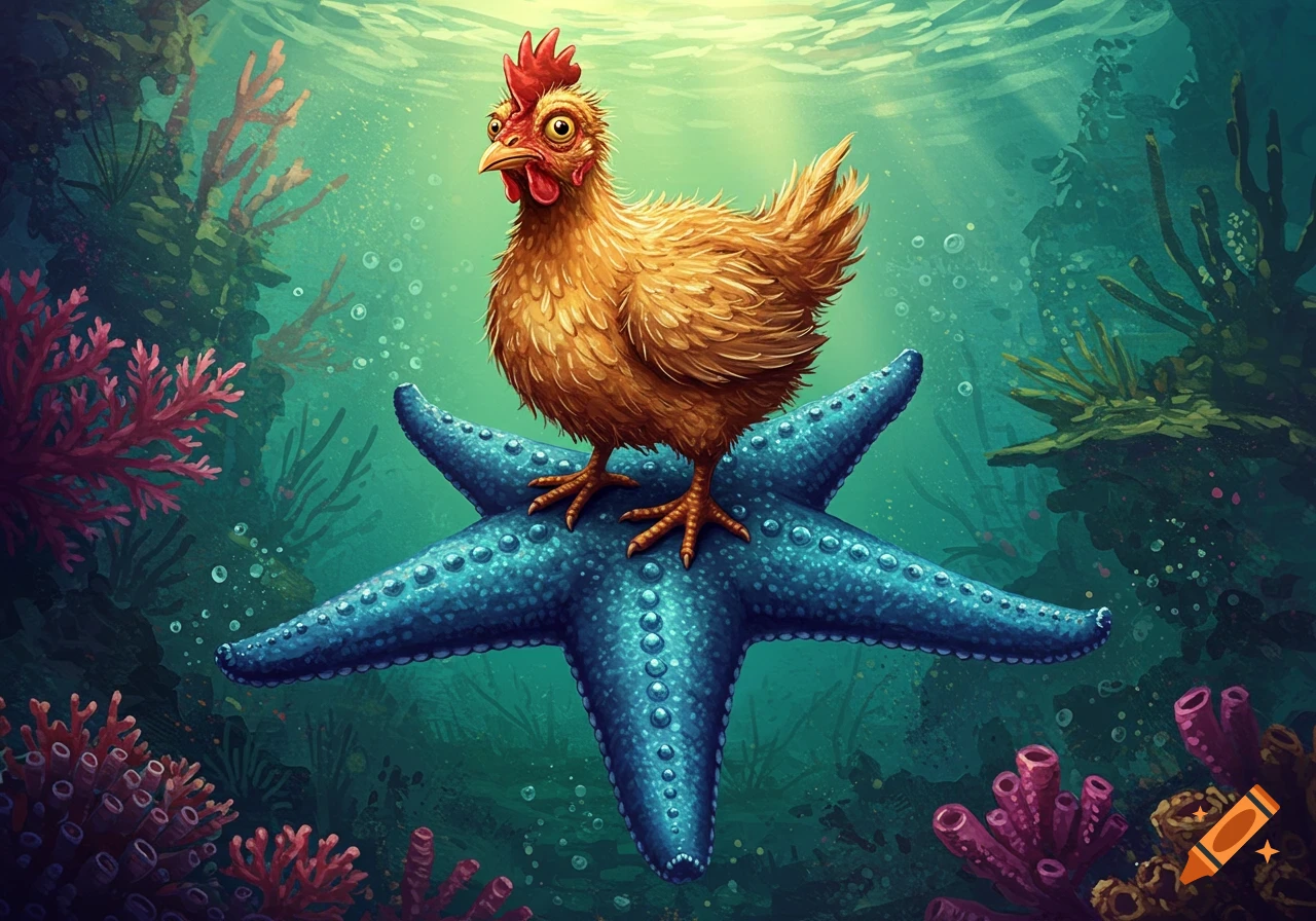 A comical chicken stands on a large blue starfish in a detailed ...