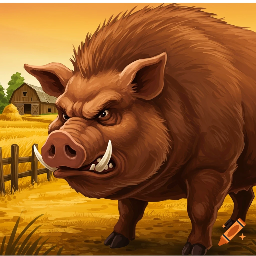 An angry wild boar stands in a field on a farm. on Craiyon