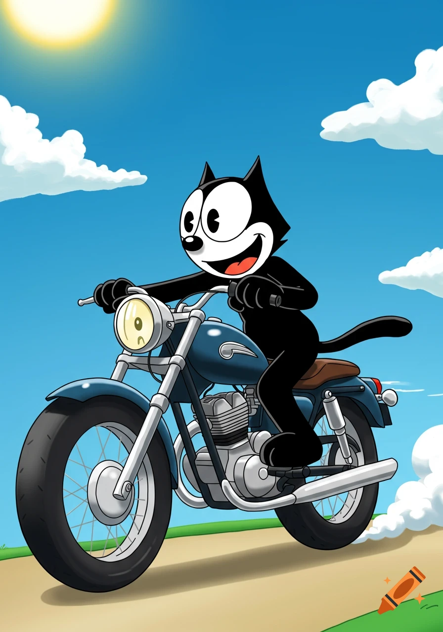 Felix the Cat rides a motorcycle on a road under a sunny sky in a ...