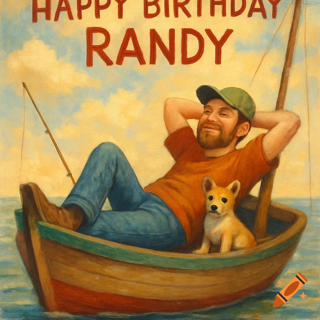 Painting of a man relaxing in a boat with a dog and fishing rod, with ...