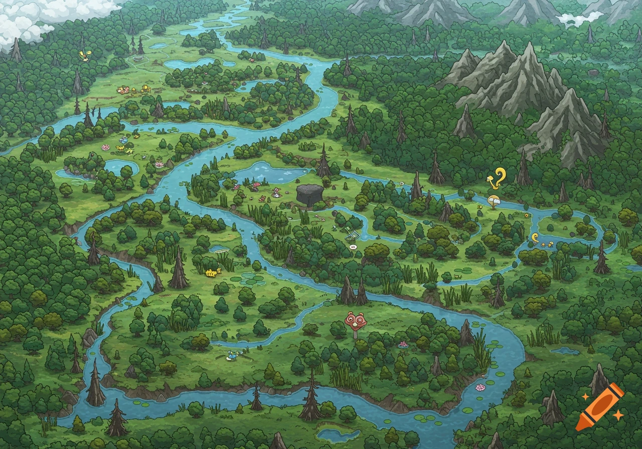 Overhead map of a swampy forest landscape with rivers, mountains, and small cartoon creatures ...