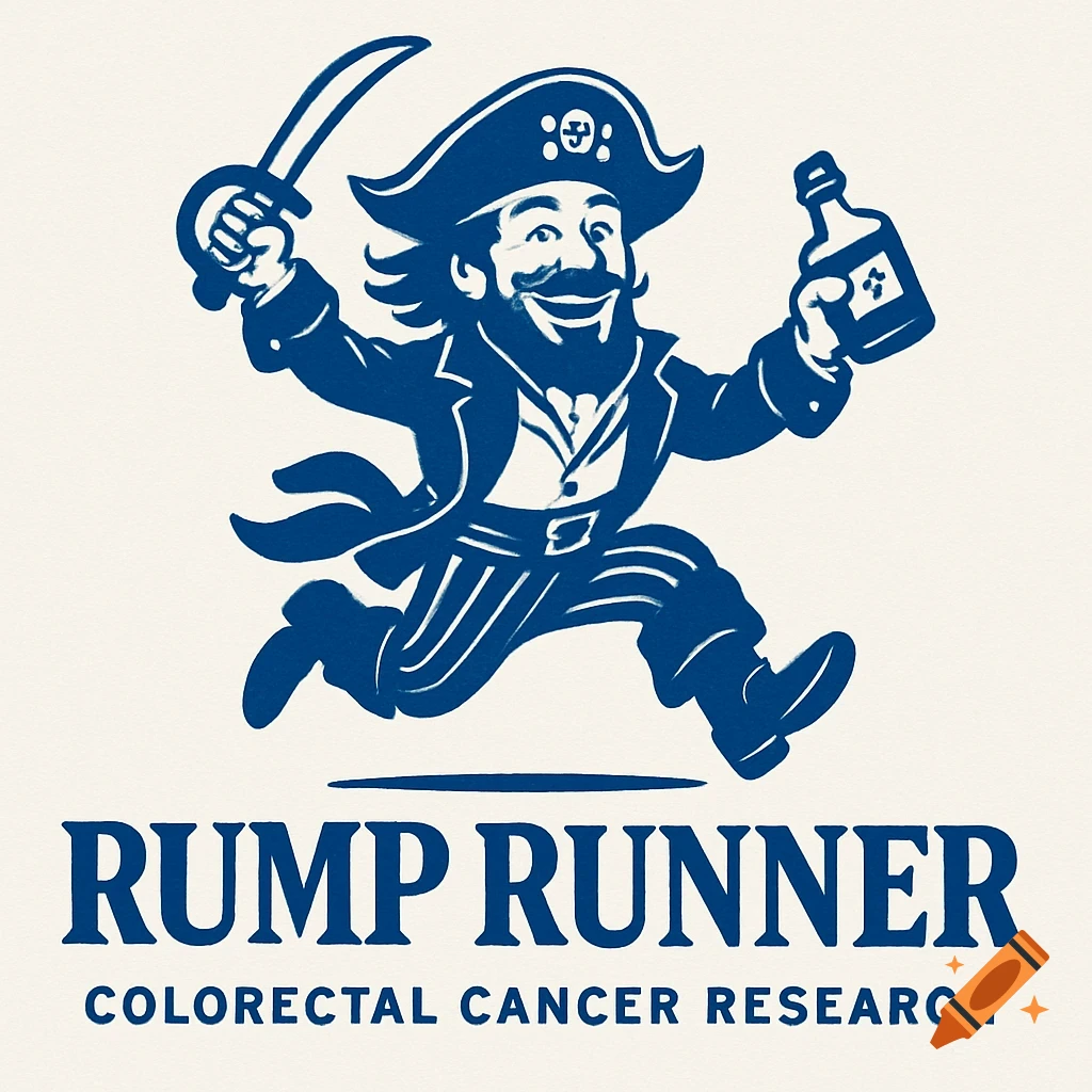 Blue cartoon pirate logo running with a saber and bottle, text reads ...