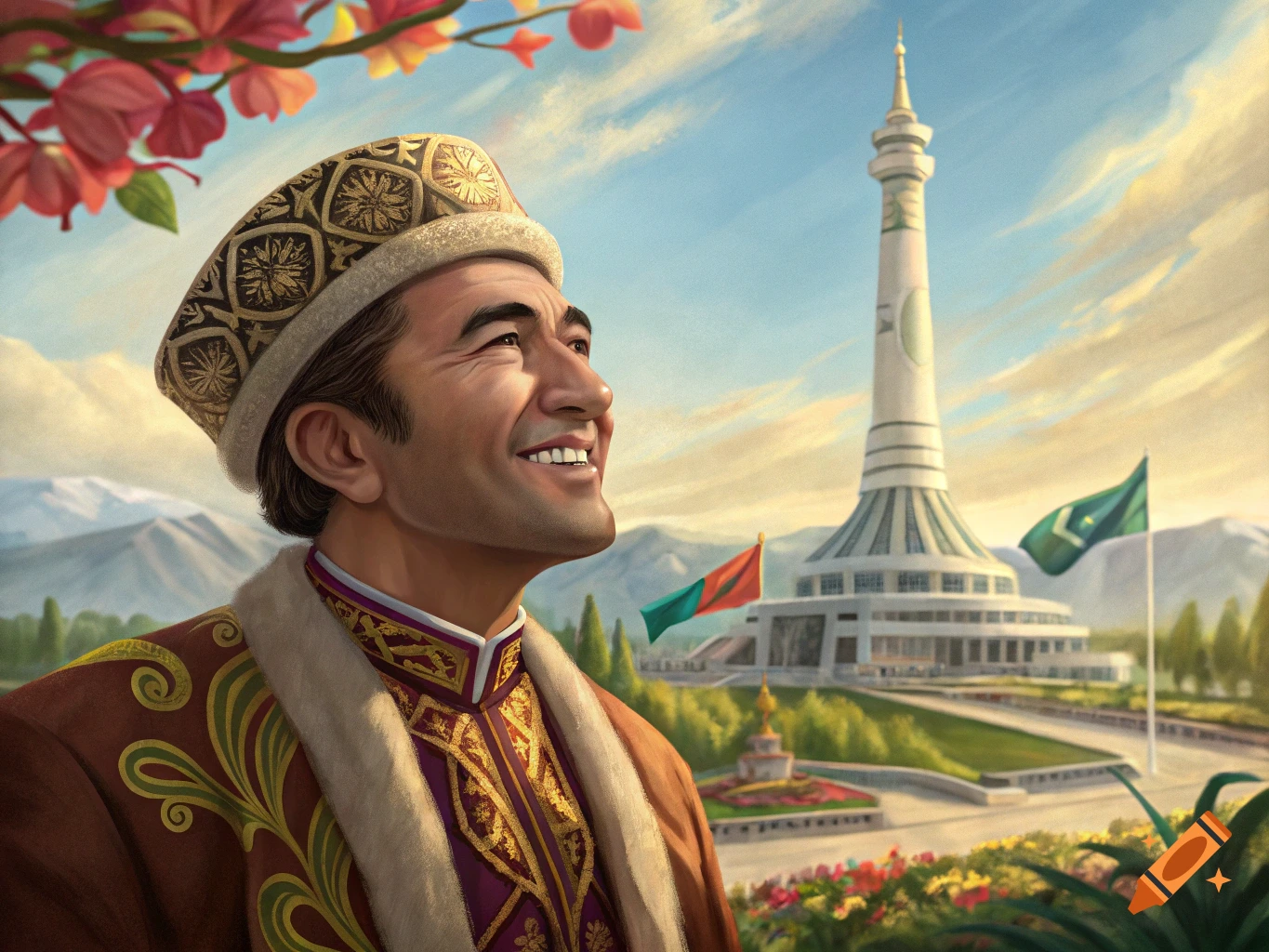 Smiling man in Turkmen clothing and hat in front of a tower landmark ...