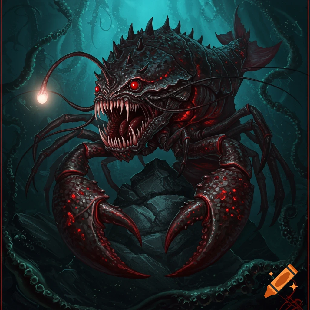 A monstrous deep-sea creature hybrid with spiky dark red armor, glowing red eyes, sharp teeth ...