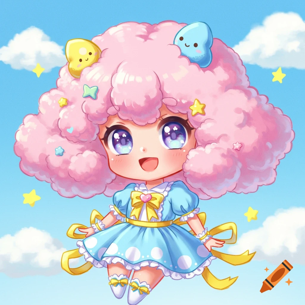 Chibi girl with pink fluffy hair floats in a blue sky with clouds and ...