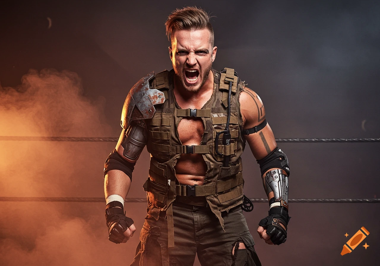 Futuristic post-apocalyptic wrestler with cybernetic armor and torn ...
