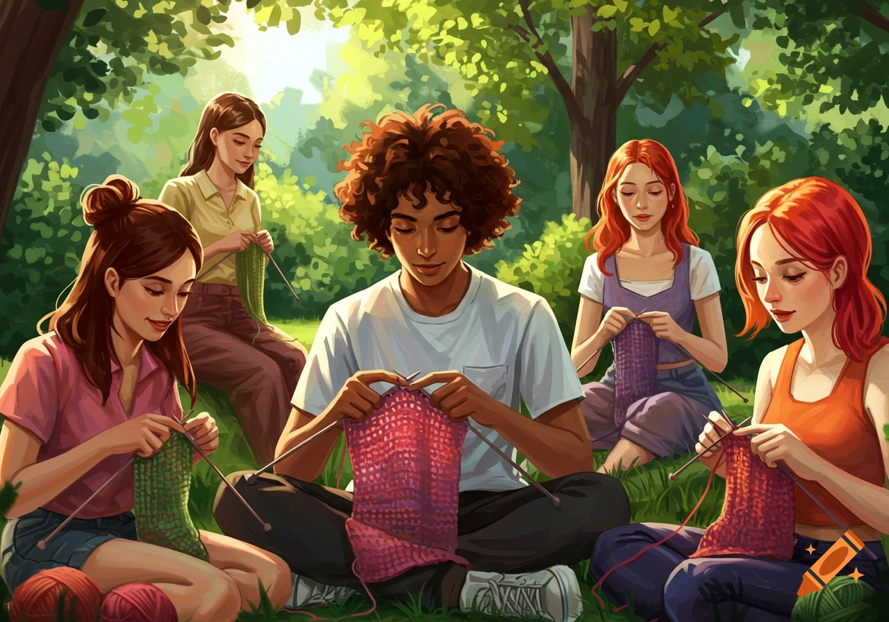 Young adults sit in a park knitting in a sunny spot. on Craiyon