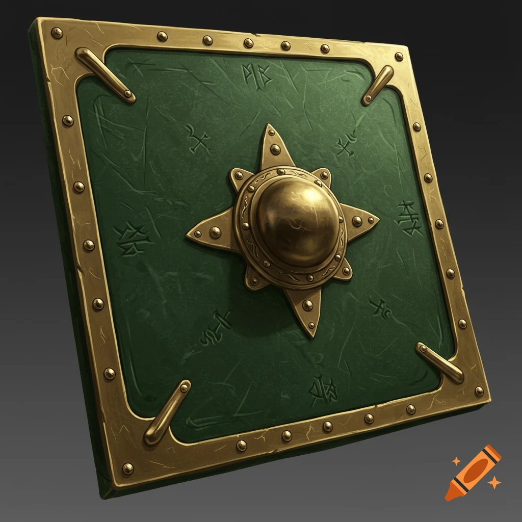 A square green shield with brass border, rivets, corner fittings, and a ...