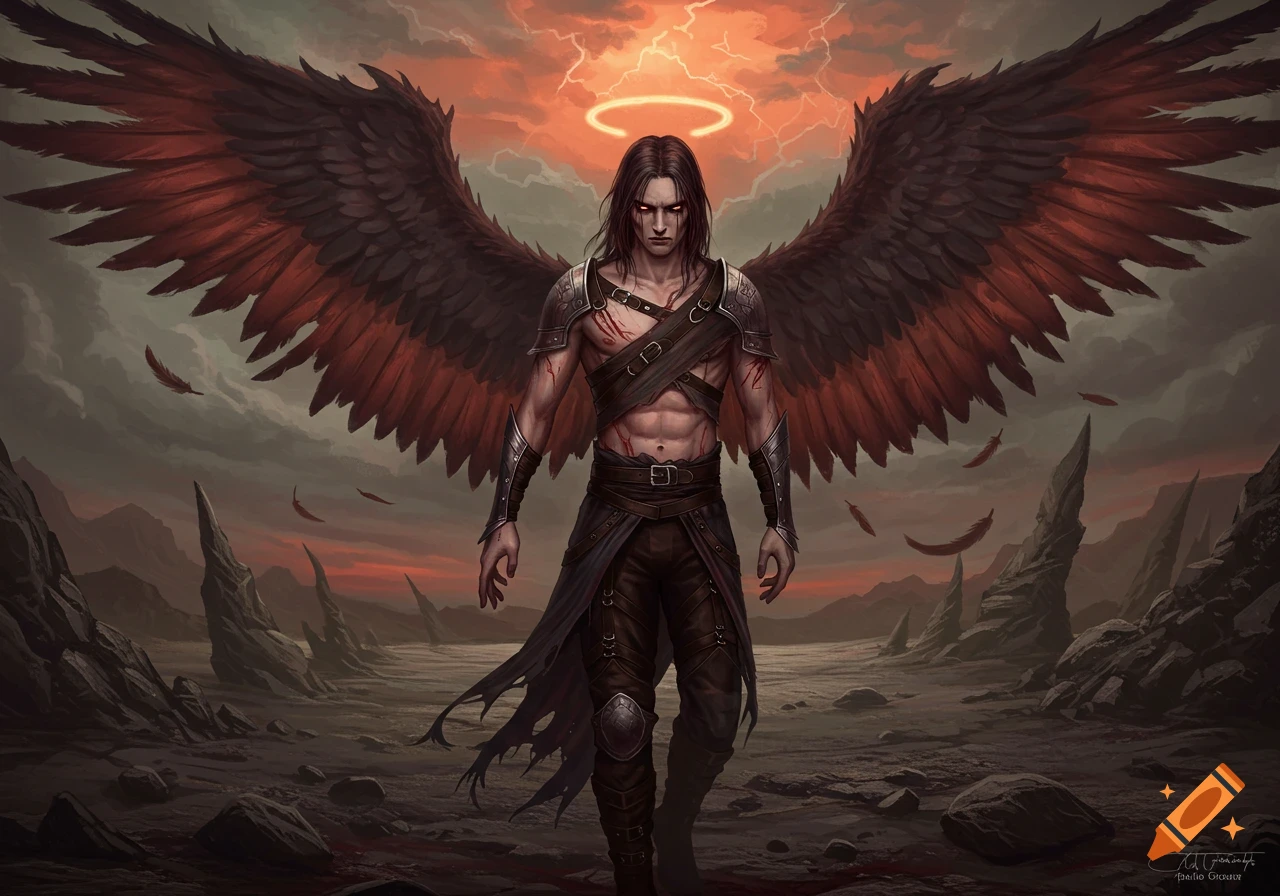 A male fallen angel with ripped wings stands in a rocky wasteland under ...