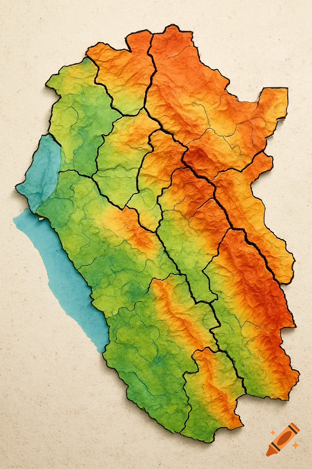 Stylized map of a fragmented country with relief and political ...
