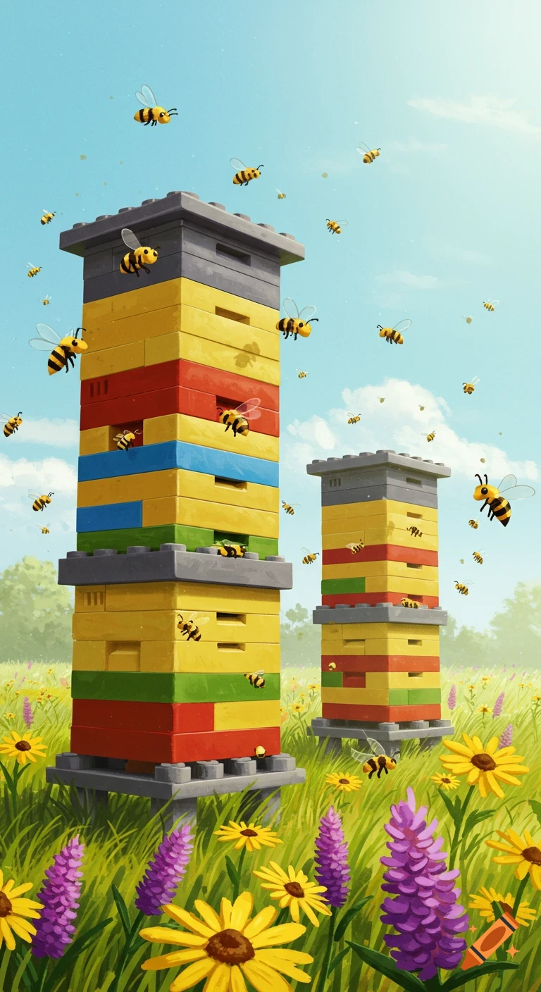Illustration of beehives made from colorful Lego bricks in a meadow ...