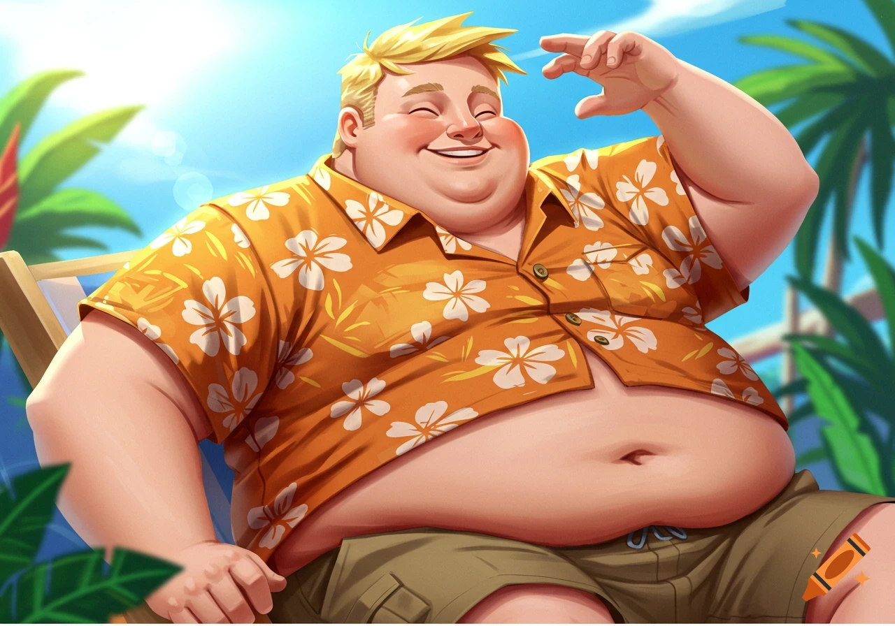 Cartoon illustration of a fat blonde man in a Hawaiian shirt relaxing ...
