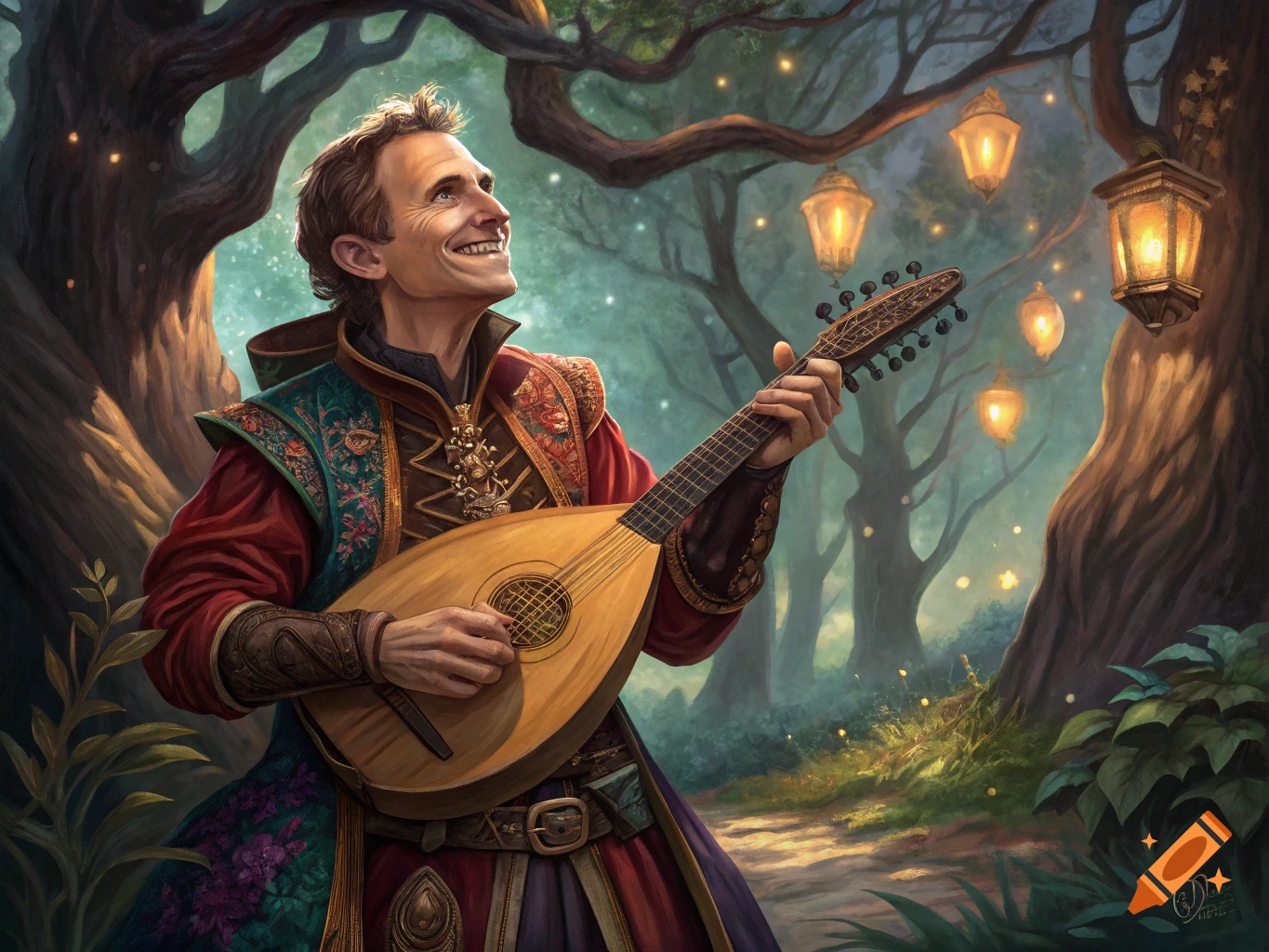 A man dressed as a fantasy bard plays a lute in a forest with lanterns ...