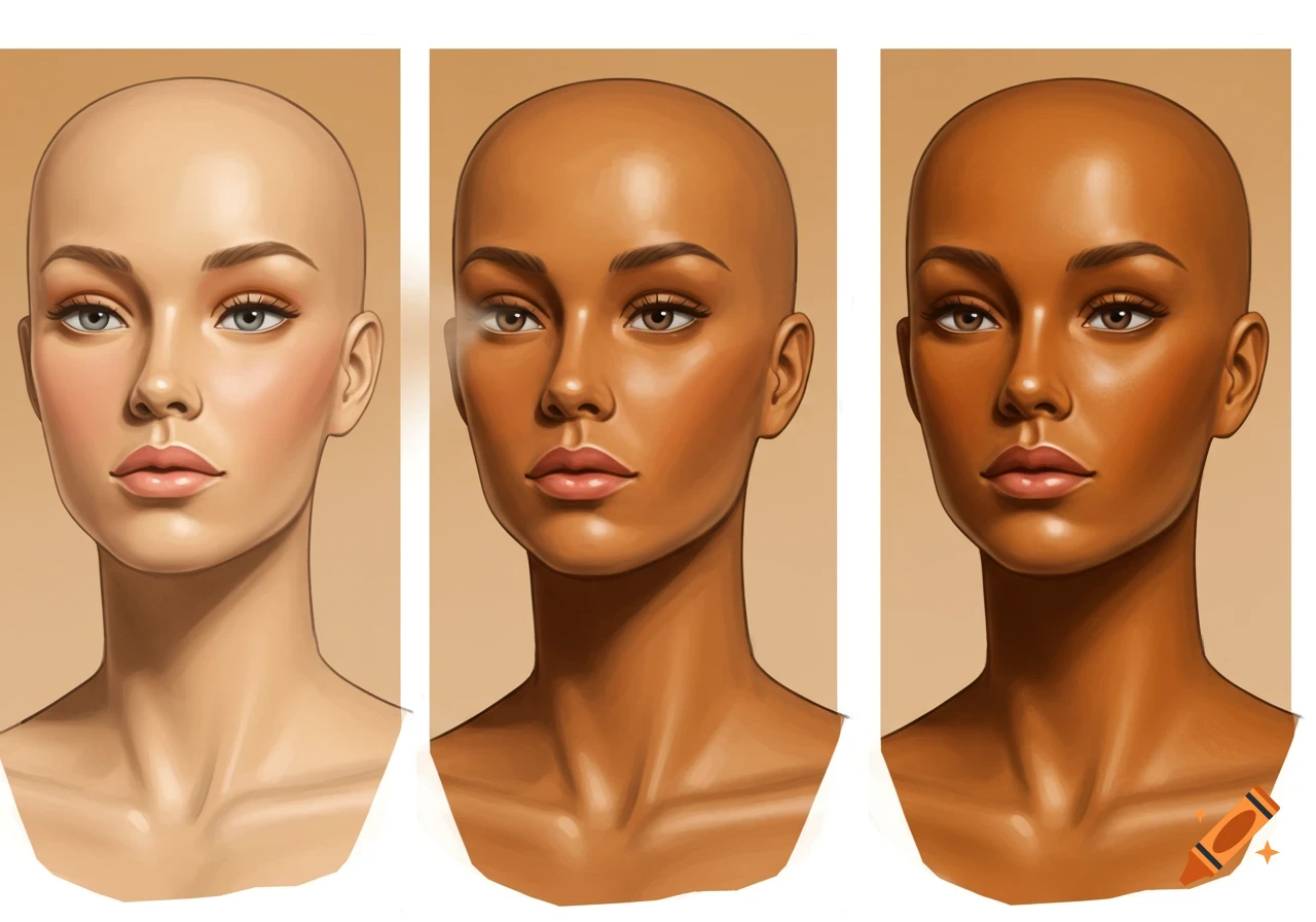 Three side-by-side portraits of a woman's face showing skin tone ...