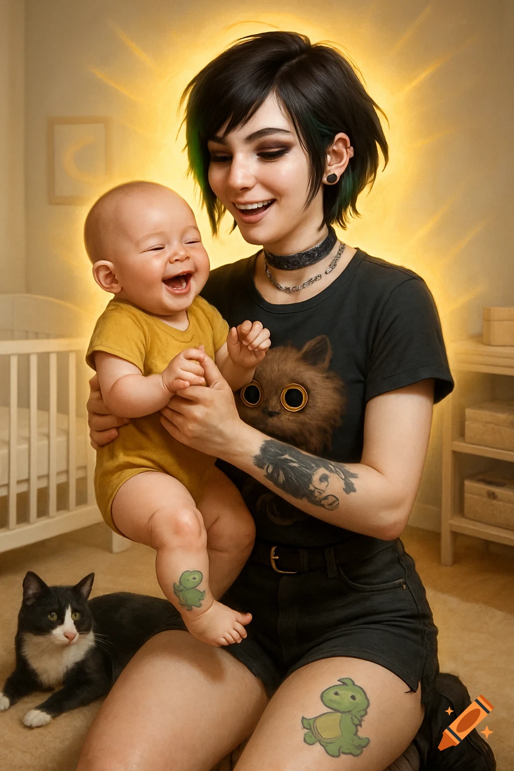 Smiling goth woman holds laughing baby with a cat nearby in a nursery ...