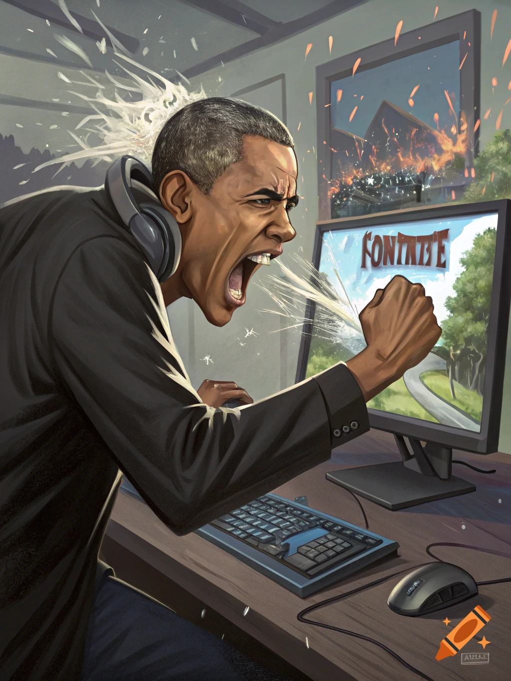 Illustration of a furious Obama hitting a computer screen while playing ...
