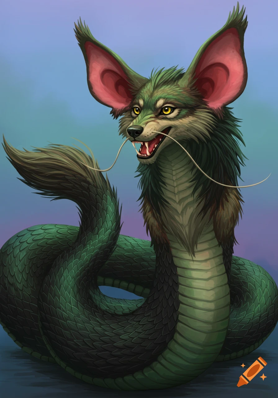 A fantasy creature combining a wolf head with large ears and a green ...