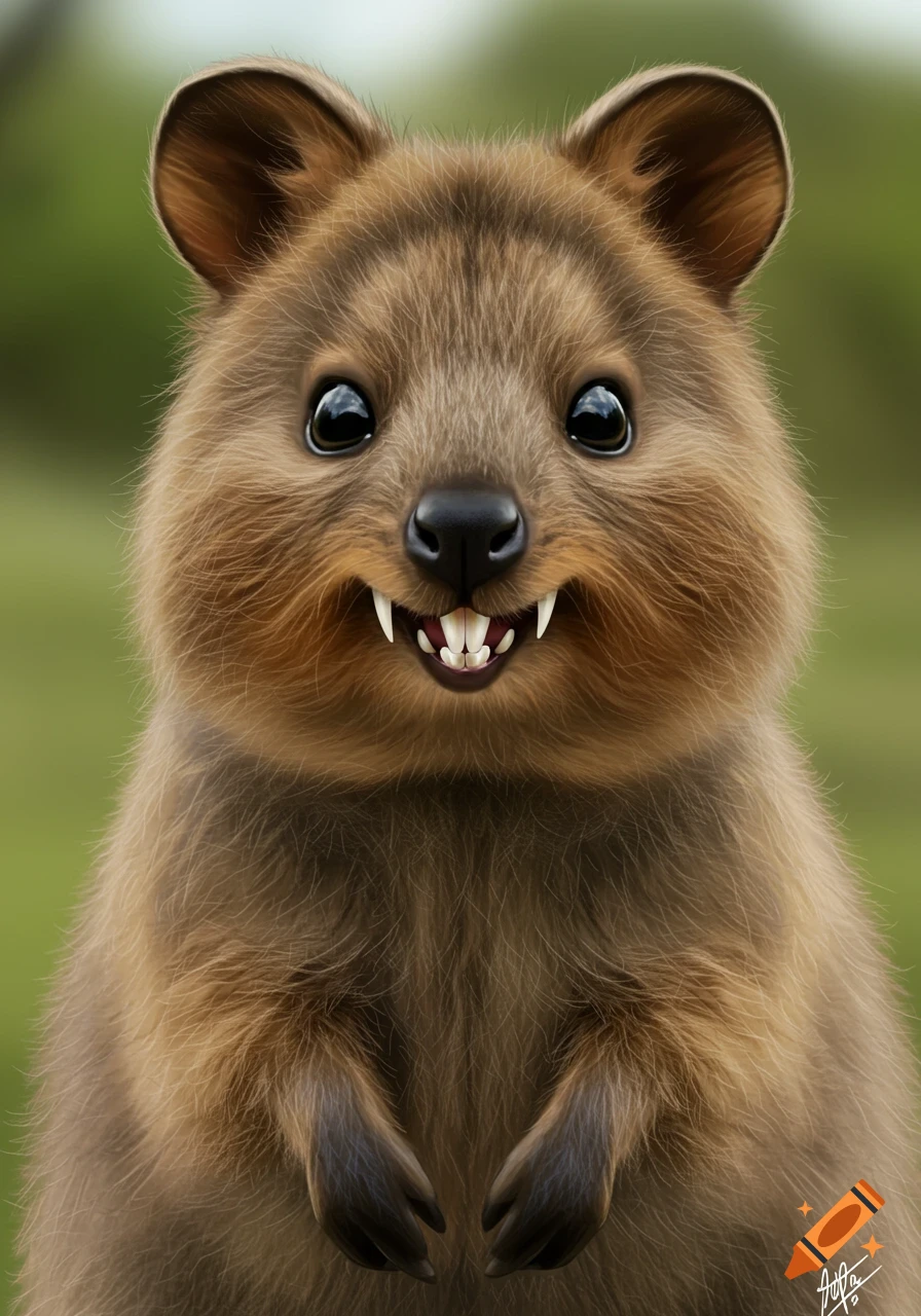 A close-up portrait of a cute quokka smiling and showing very sharp ...
