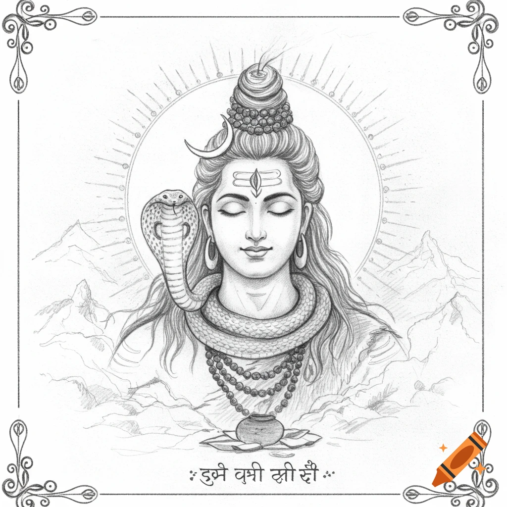 Pencil sketch of Lord Shiva meditating with a snake, surrounded by ...