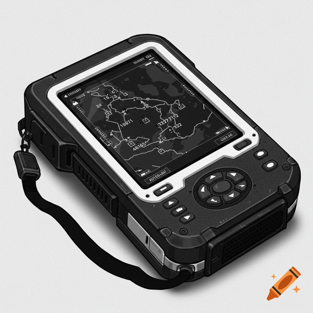 A black and white illustration of a military PDA with a map displayed ...