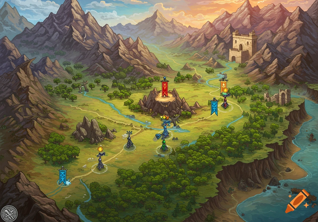 Illustrative fantasy map of a valley with mountains, river, forest ...