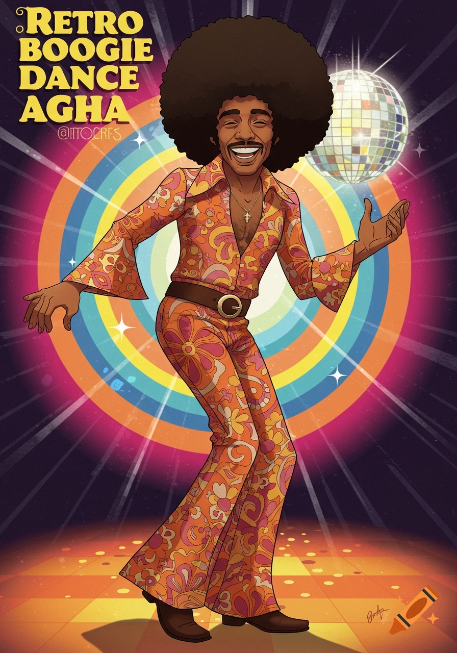 Illustration of a man with an afro dancing in a 70s disco outfit under ...