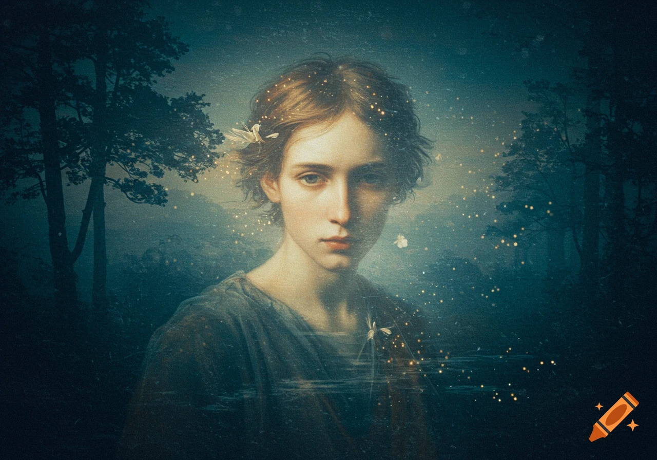 An oil painting portrait of a melancholic person in a forest with ...