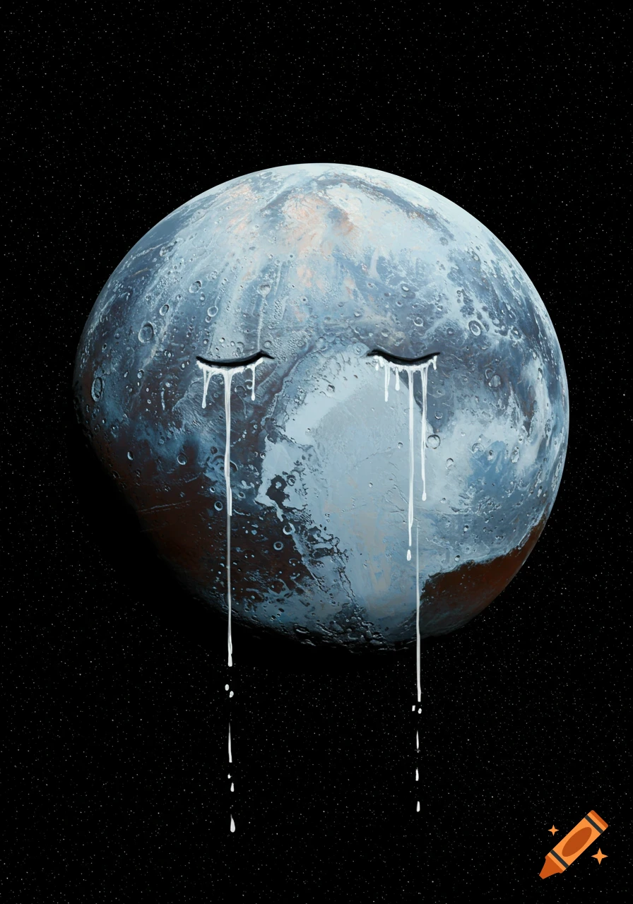 A stylized planet with eyes and tears floating in space. on Craiyon