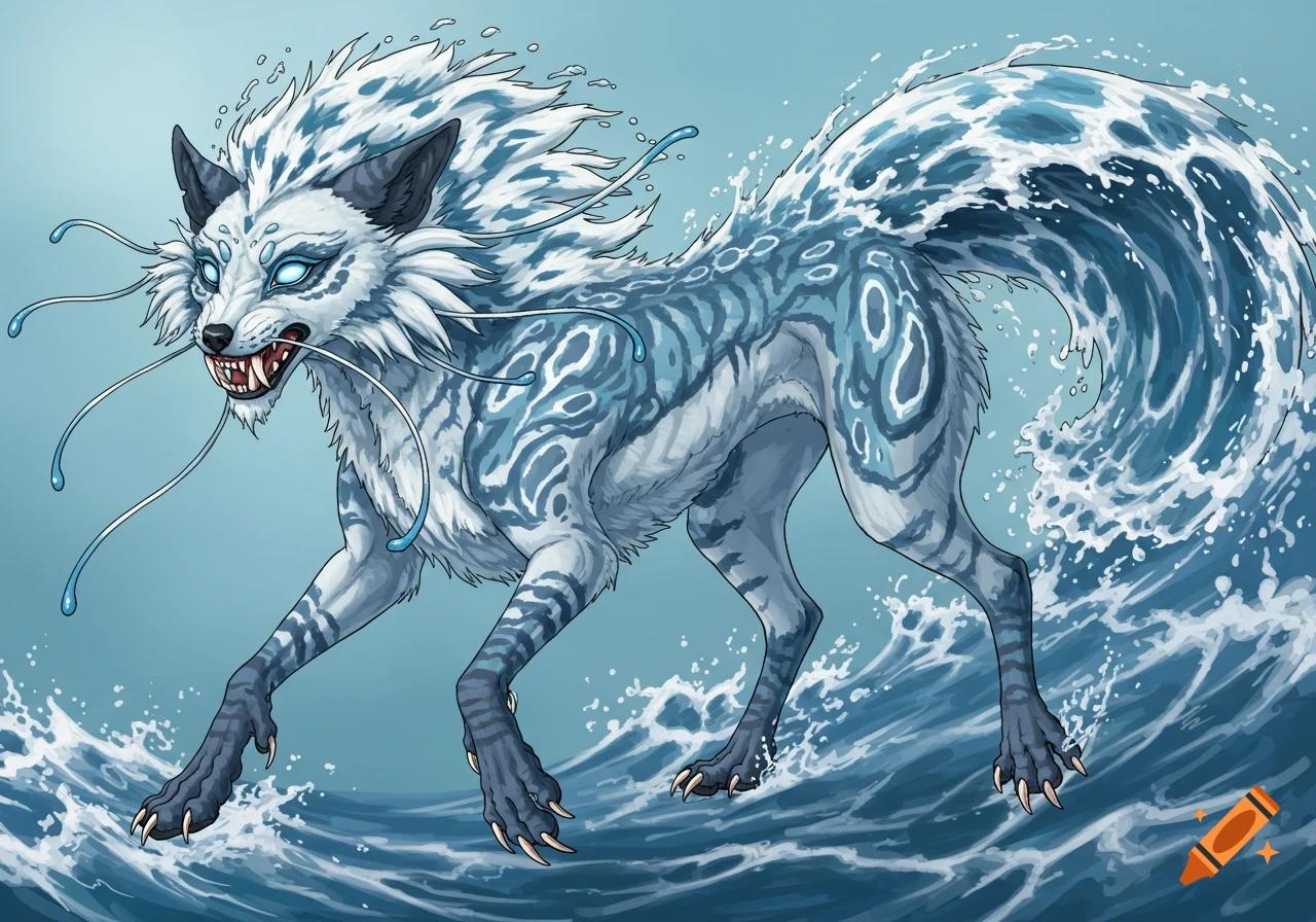 Fantasy creature resembling a white and blue wolf made of water ...