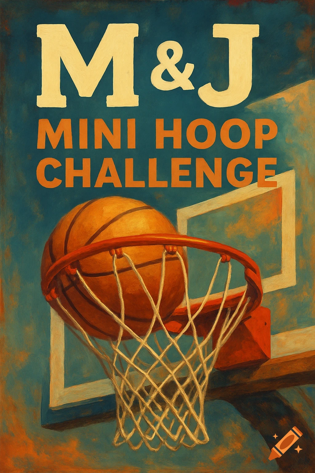 A basketball swishing through a hoop with text M & J Mini Hoop ...