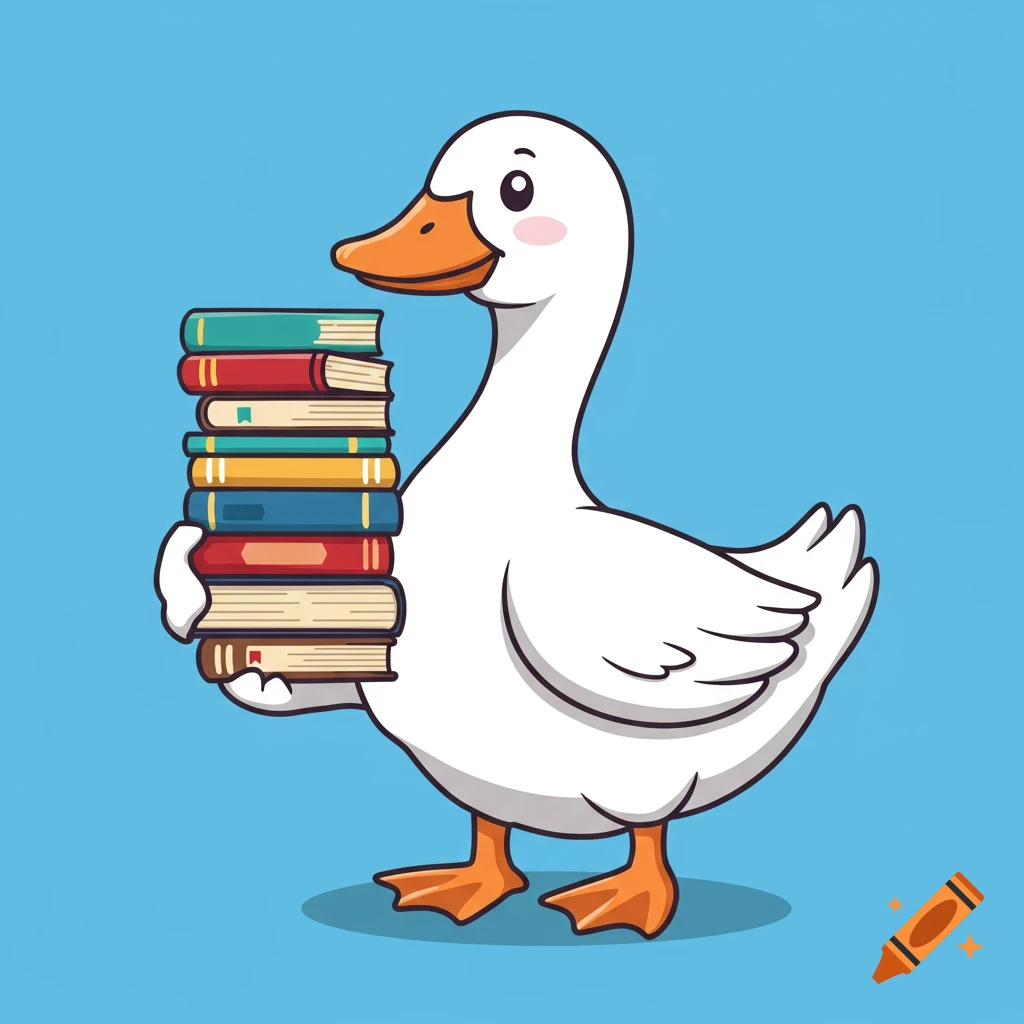 Cute cartoon goose holding a stack of books. on Craiyon
