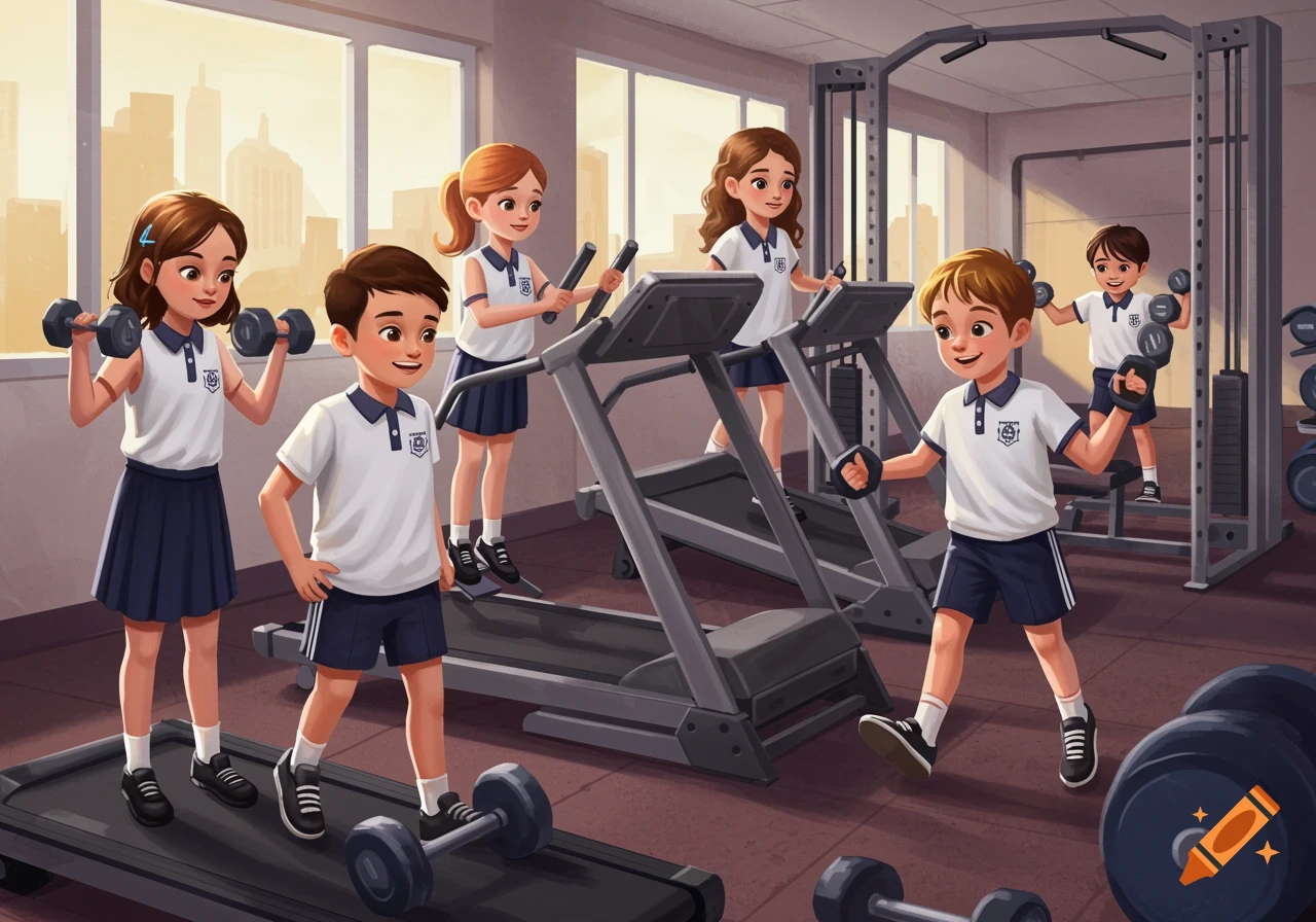 Cartoon kids in school uniforms exercising in a gym on Craiyon