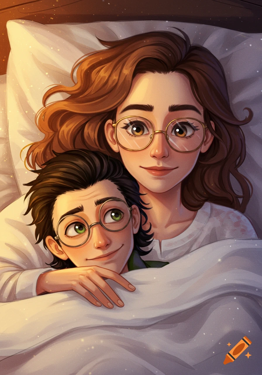 Illustrative image of a woman and a man with glasses snuggling in bed ...
