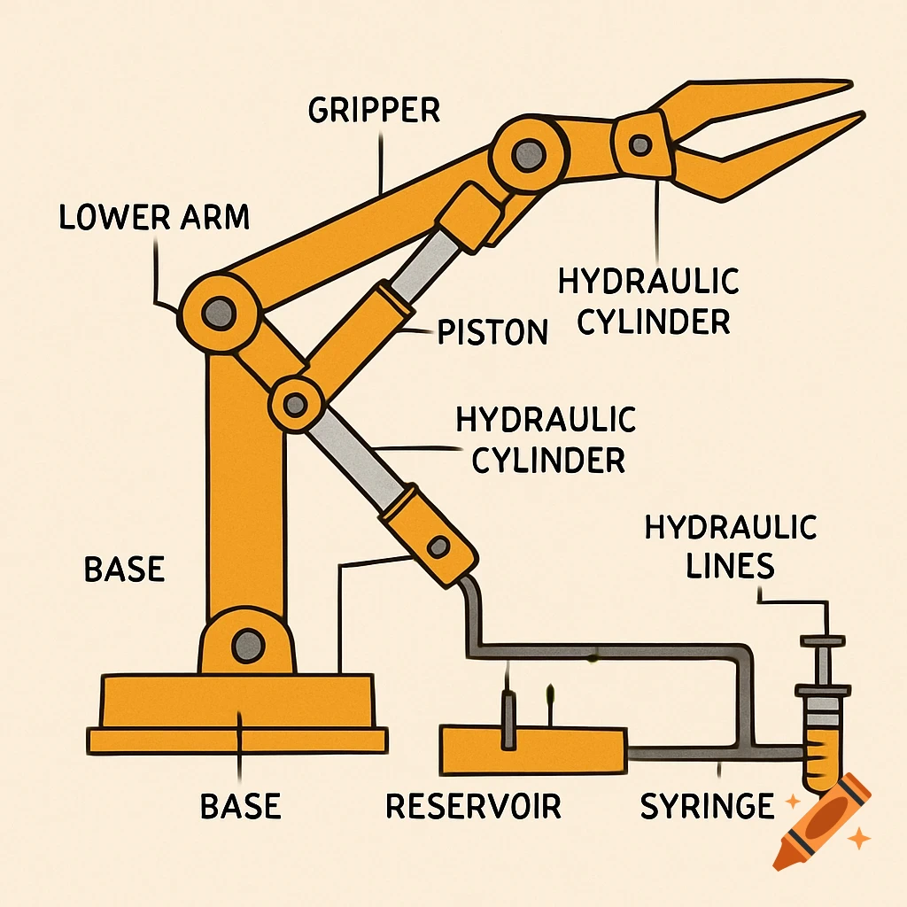 Diagram of a hydraulic robotic arm with parts labeled. on Craiyon