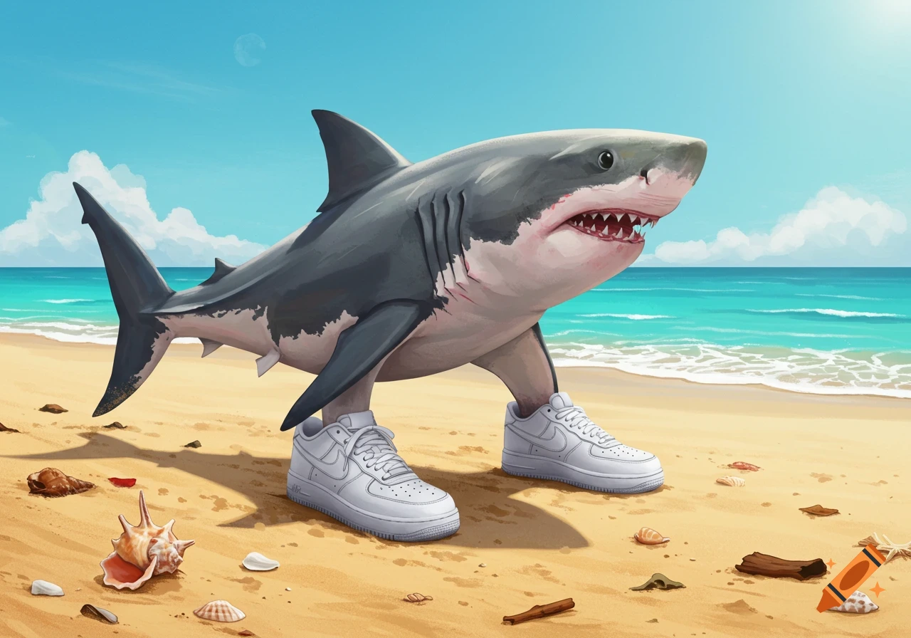 An illustration of a shark wearing white sneakers standing on a sandy ...