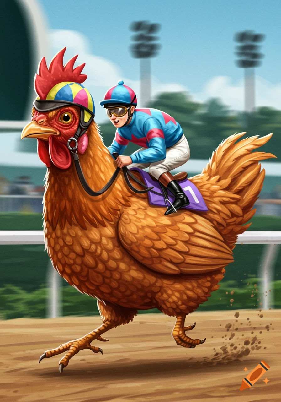 A small jockey rides a large chicken during a race at a track. on Craiyon