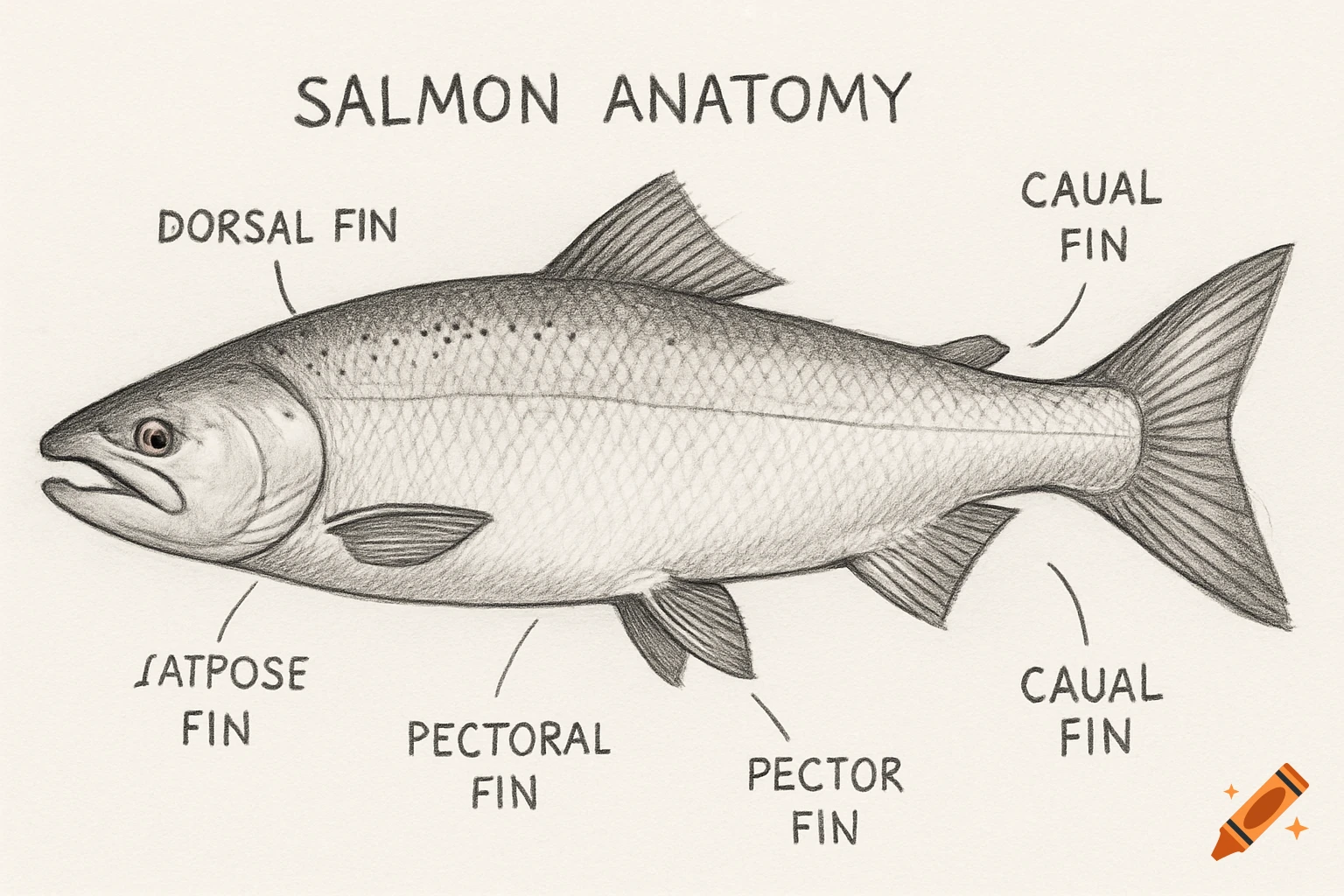Sketch of a salmon anatomy diagram with labels for fins. on Craiyon