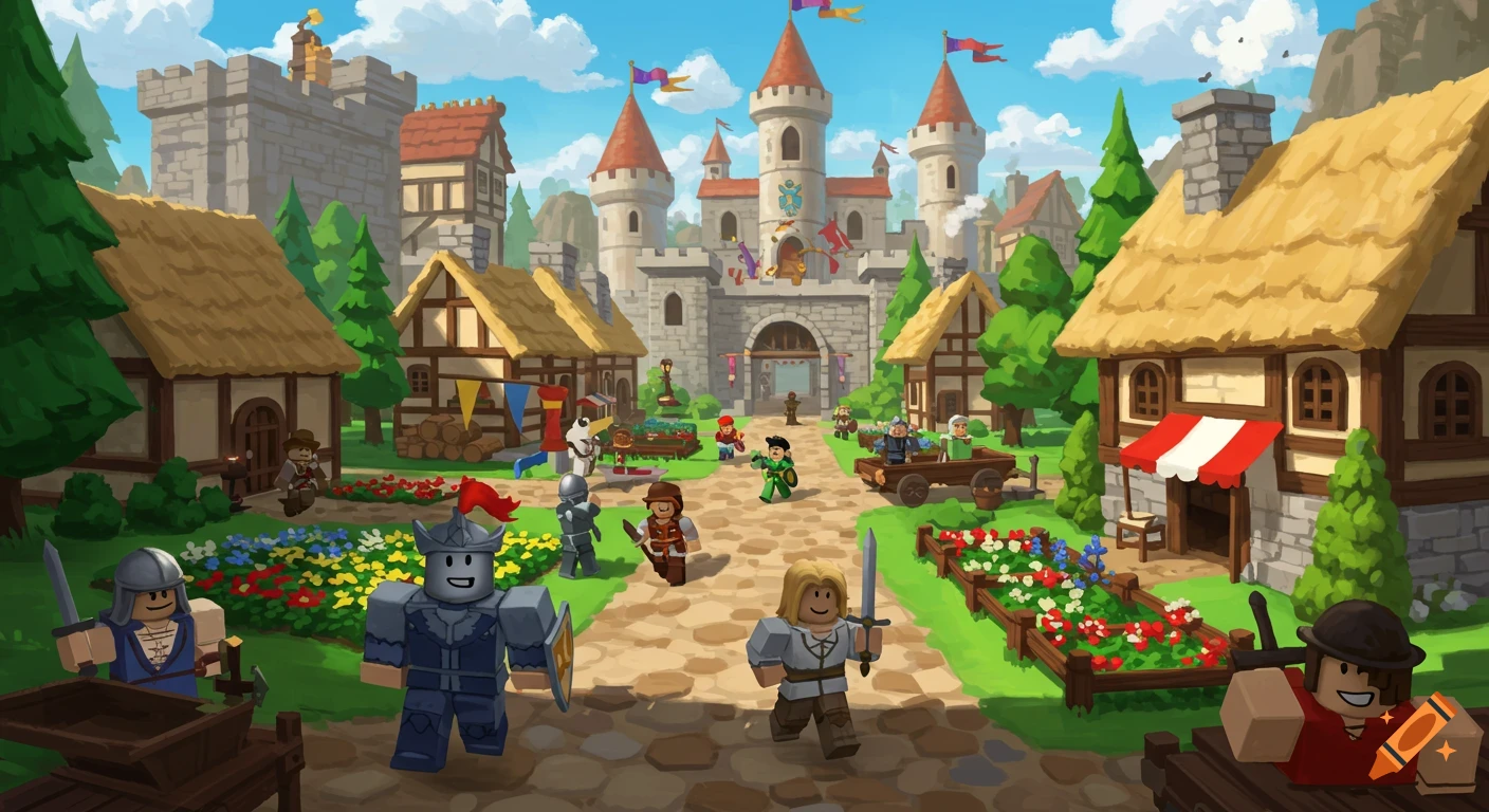 A medieval village scene with a castle, houses, gardens, and blocky ...