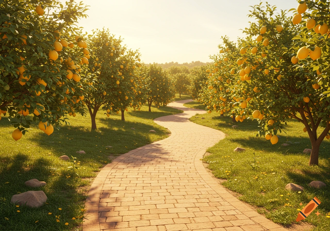 A winding brick pathway leads through a sunny lemon orchard with trees ...