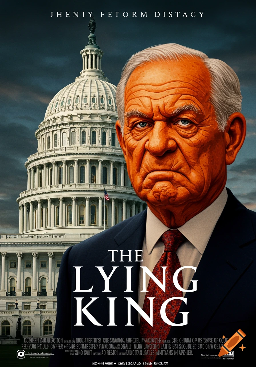 A satirical movie poster titled "THE LYING KING" featuring an orange ...