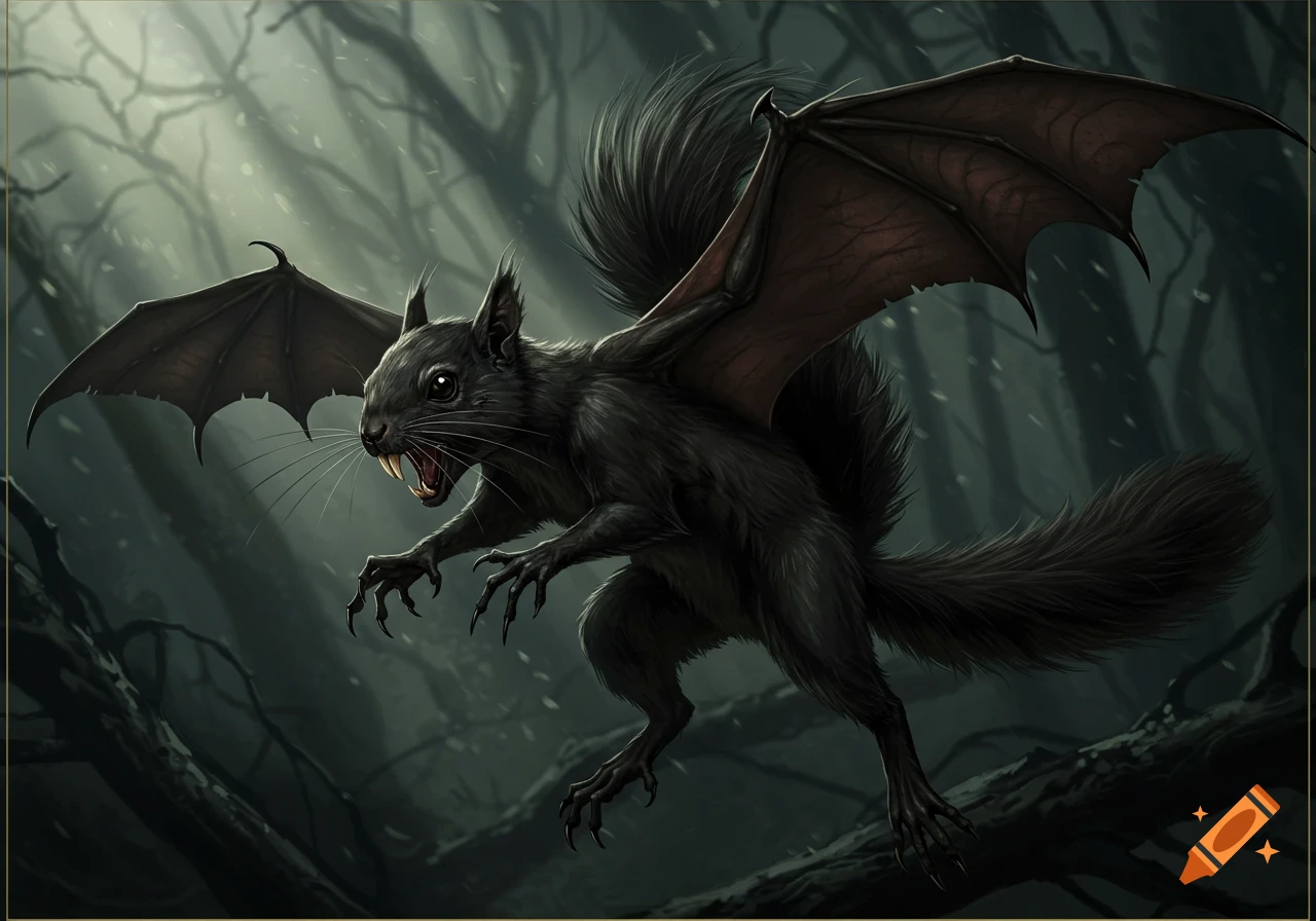 A dark fantasy creature resembling a flying squirrel with bat wings and ...