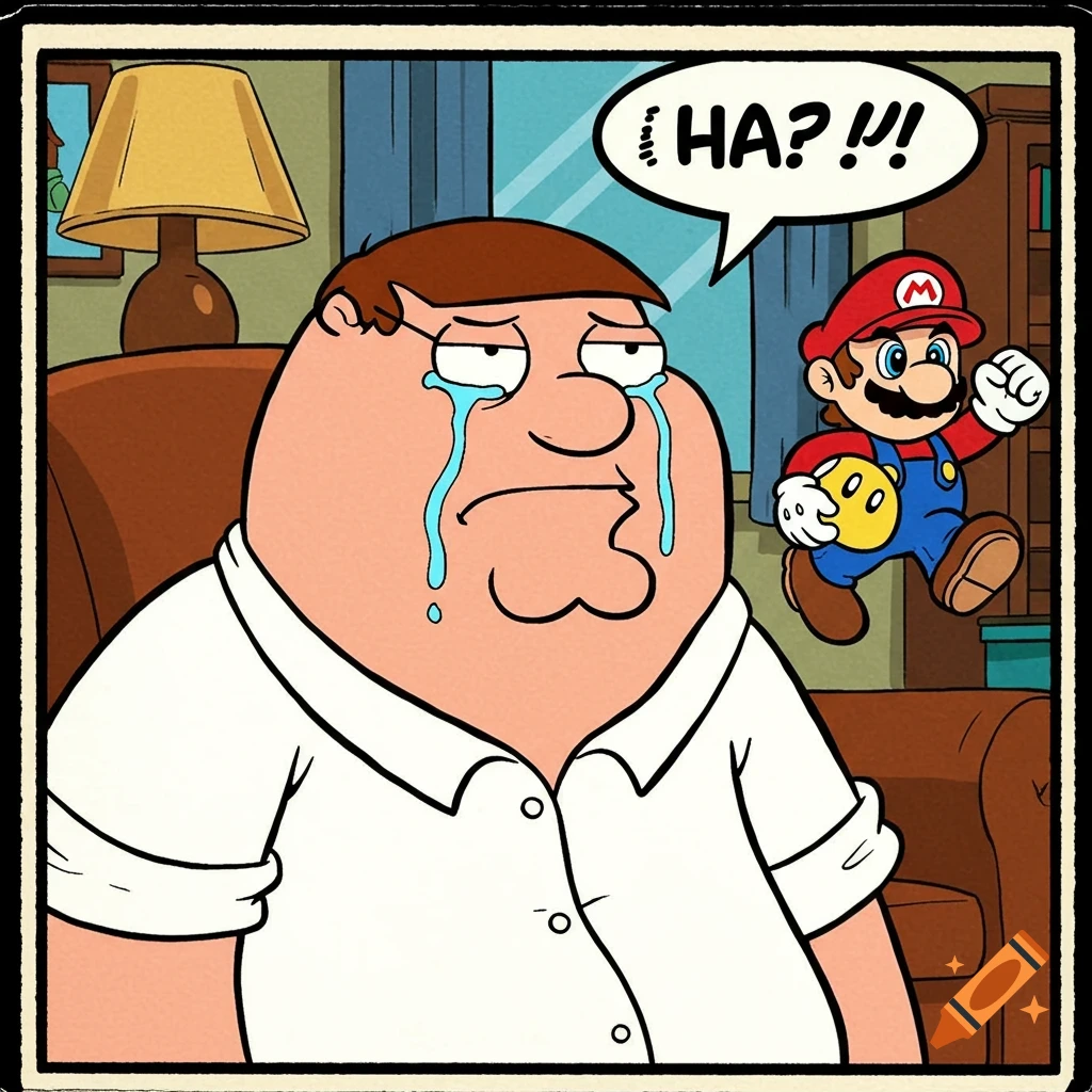 Peter Griffin crying while Super Mario jumps next to him saying "HA ...