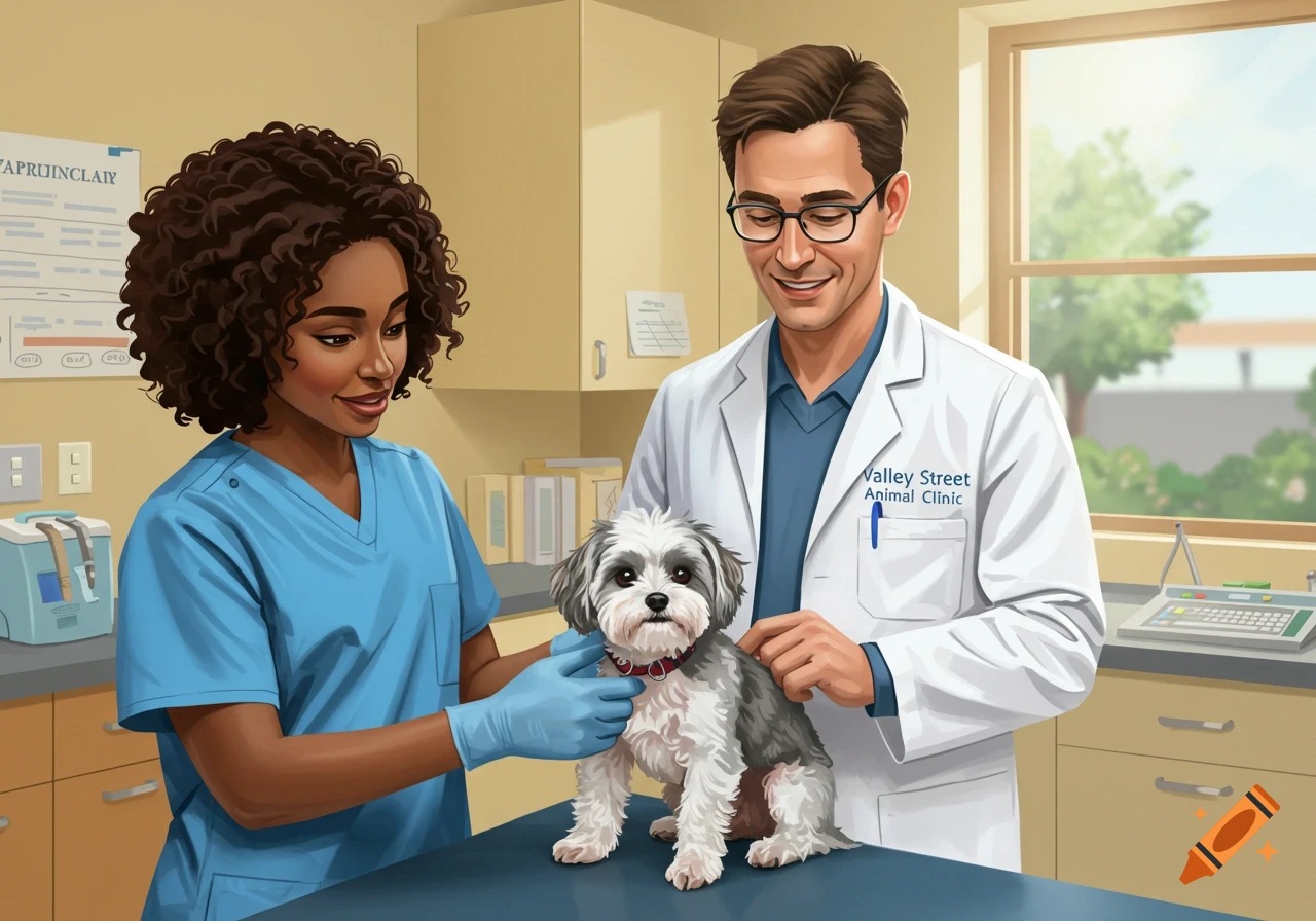 Cartoon illustration of a vet and a technician examining a small dog in ...