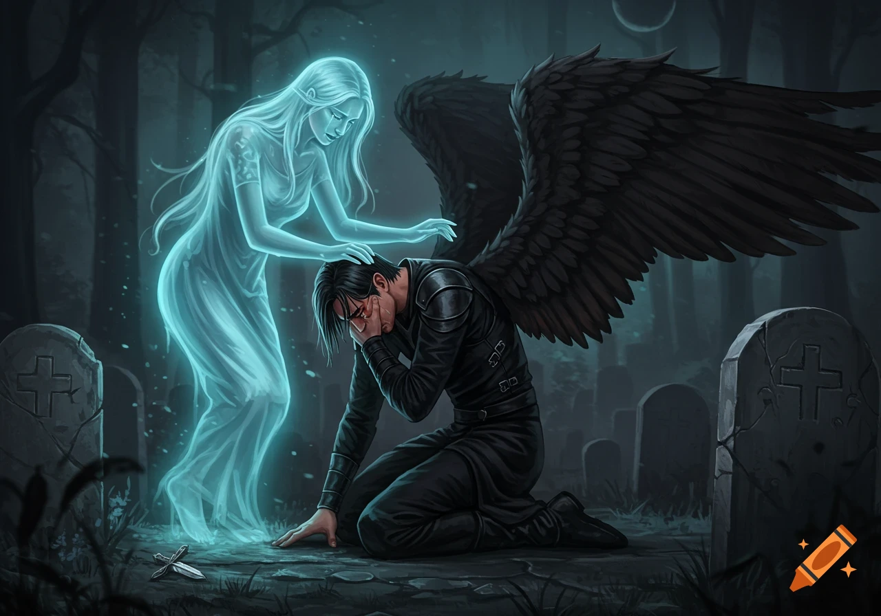 Fallen angel crying in a graveyard comforted by a ghost. on Craiyon