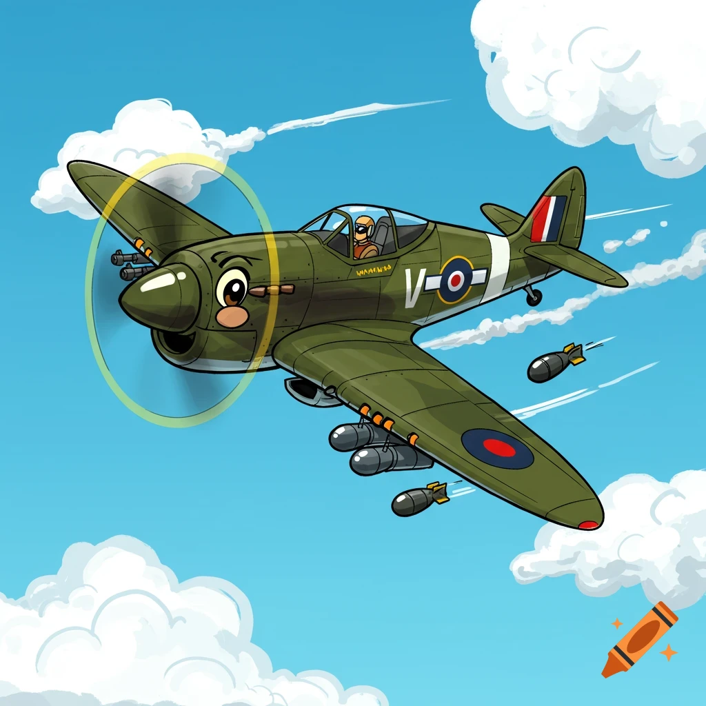 Cartoon of a green WW2 fighter plane with a face flying and dropping ...