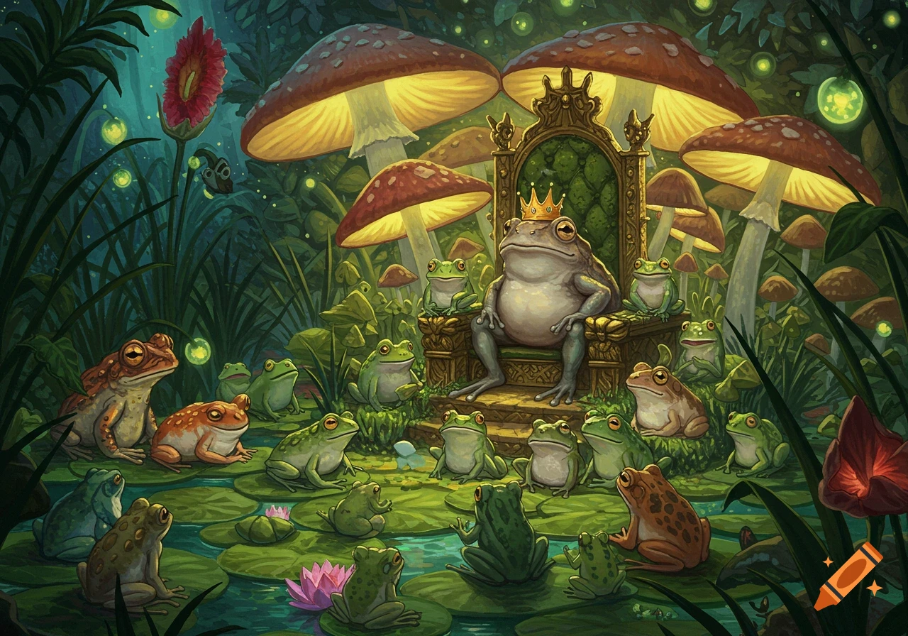 A frog king sits on a throne surrounded by his subjects in a fantasy ...